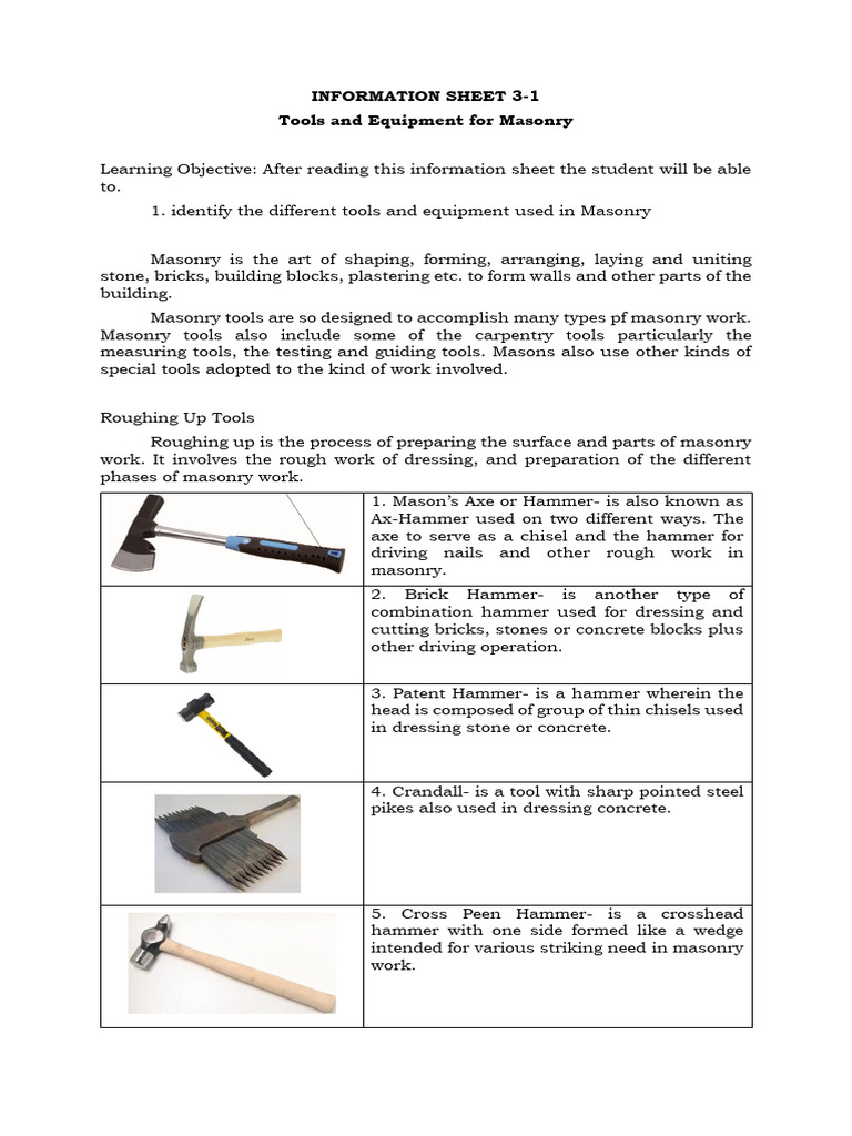 Masonry Tools and Equipment | PDF | Masonry | Hammer