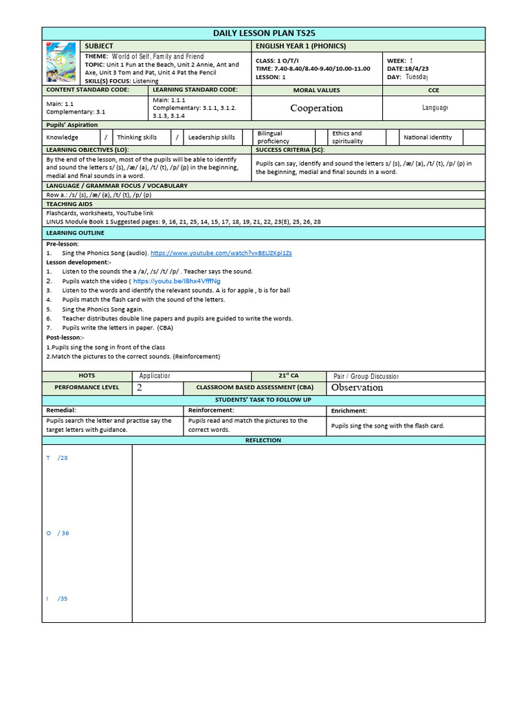 PHONIC (Satp) Lesson Plan | Download Free PDF | Phonics | Lesson Plan