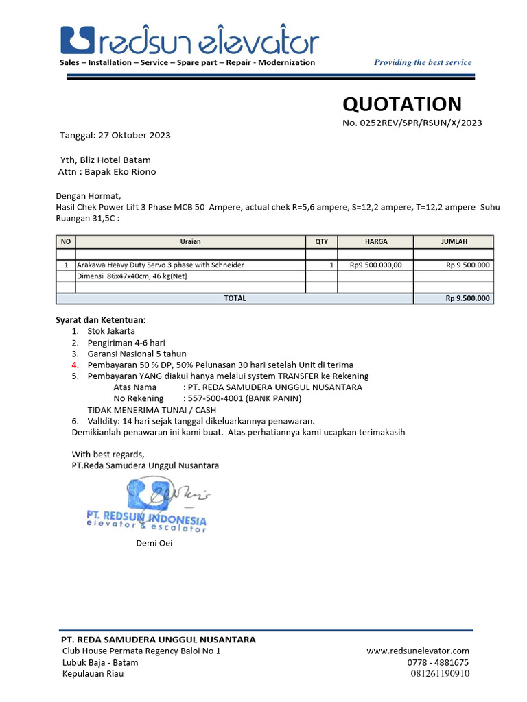 Quotation 0252REV SPR RSUN VI 2023 Heavy Duty Stabilizers 30 KVA Bliz Hotel 2023 | PDF
