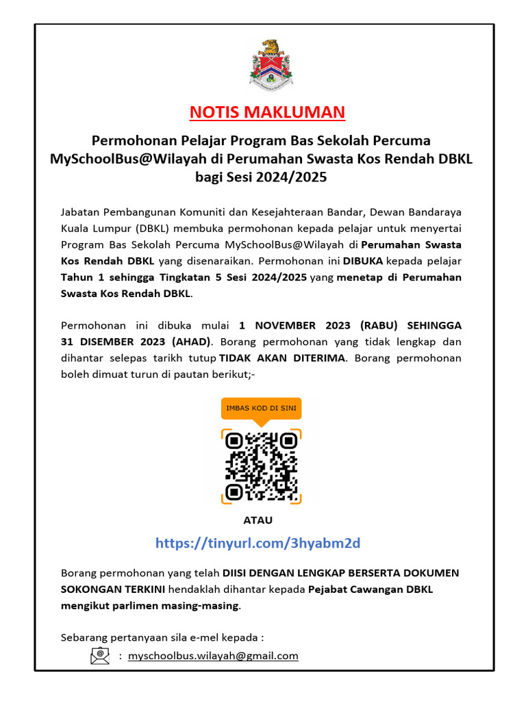 Notis Makluman - Permohonan Penyertaan Pelajar Program Myschoolbus Perumahan Swasta Kos Rendah ...