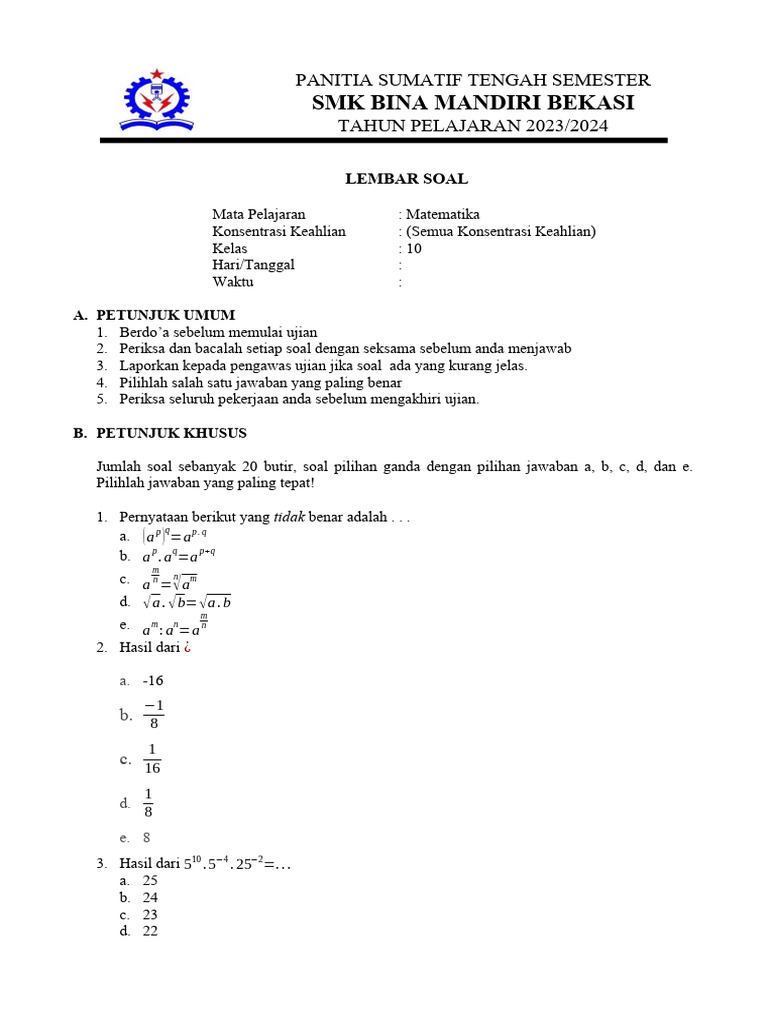 MTK - Kls 10 - Suci - Naskah Soal Pts Ganjil - Tp. 23-24 | PDF