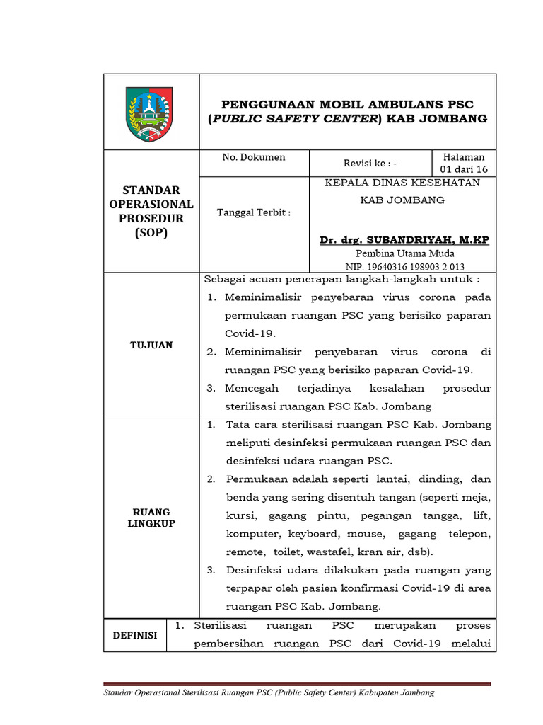 SOP Sterilisasi Ruangan PSC | PDF