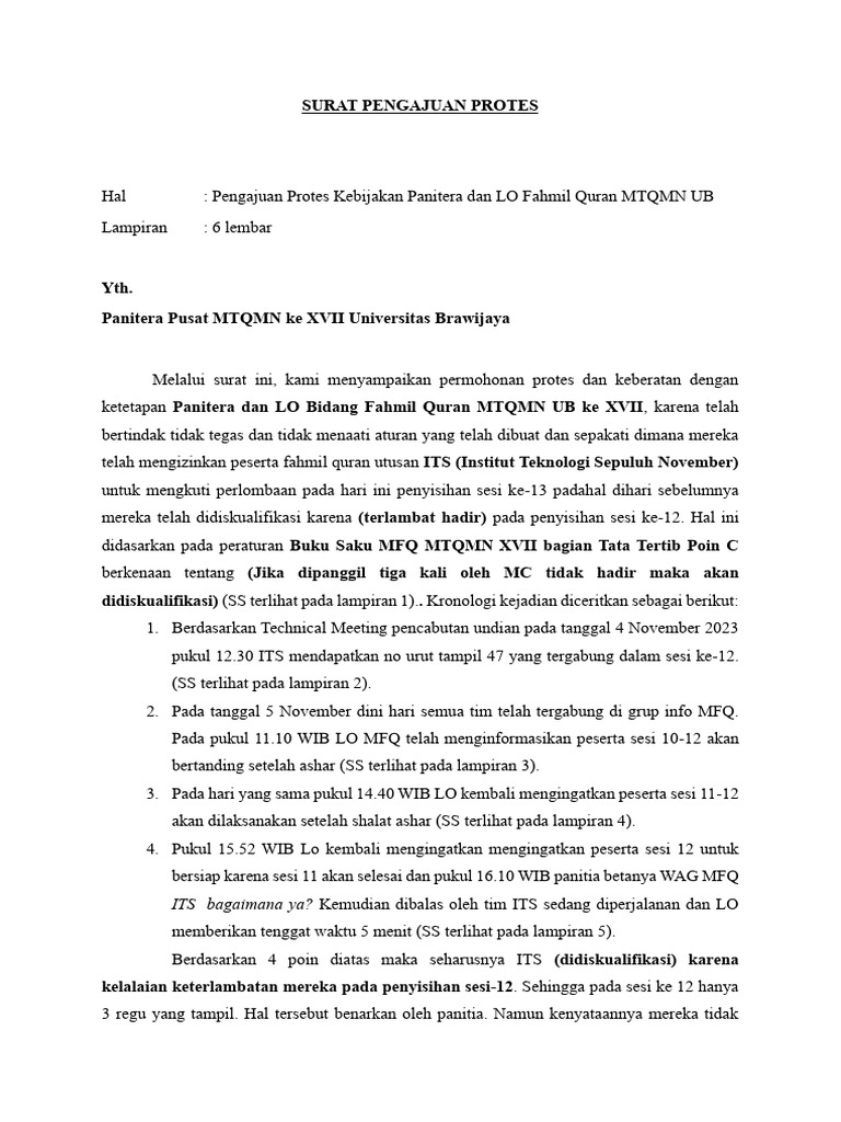 Surat Pengajuan Protes - Tim Fahmil Quran Universitas Riau | PDF