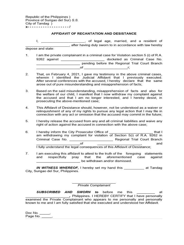 AFFIDAVIT OF RECANTATION AND DESISTANCE | PDF | Affidavit | Complaint