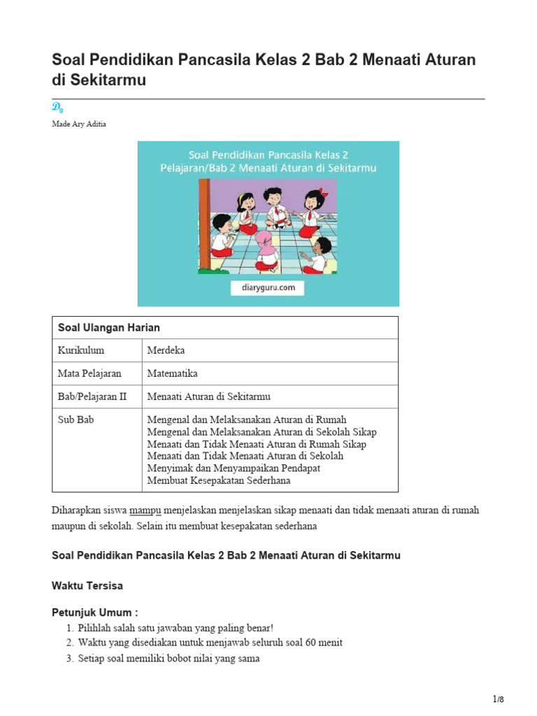 Soal Pendidikan Pancasila Kelas 2 Bab 2 Menaati Aturan Di Sekitarmu | PDF