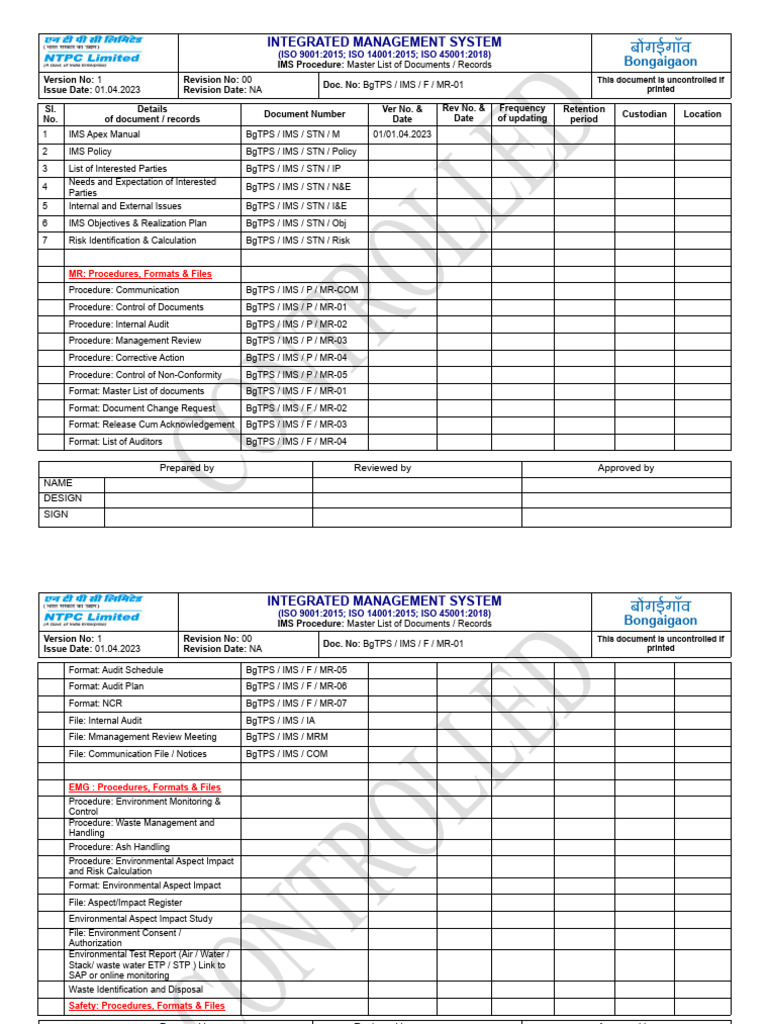 IMS Master Document List 2023 | PDF | First Aid | Iso 9000