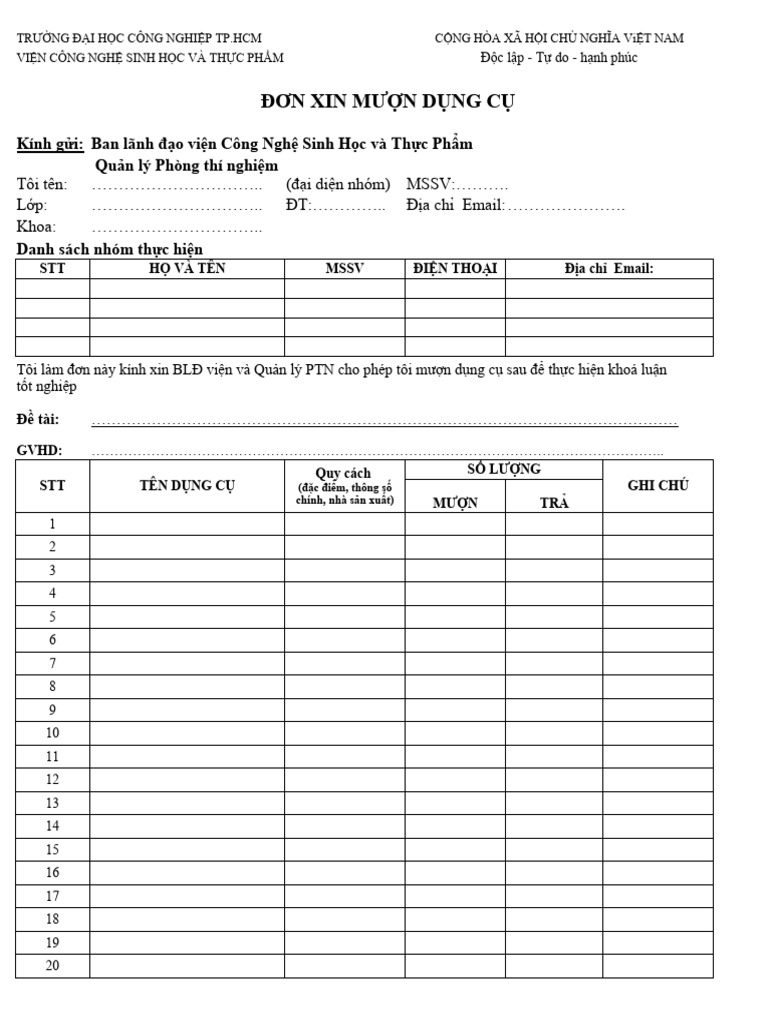 06a MẪU ĐƠN MƯỢN PHÒNG THIẾT BỊ DỤNG CỤ SV ĐỒ ÁN2 | PDF