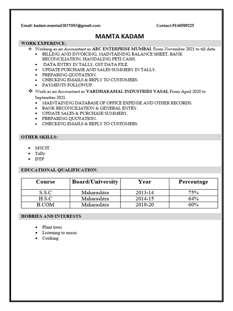 CV Mamta Kadam | PDF