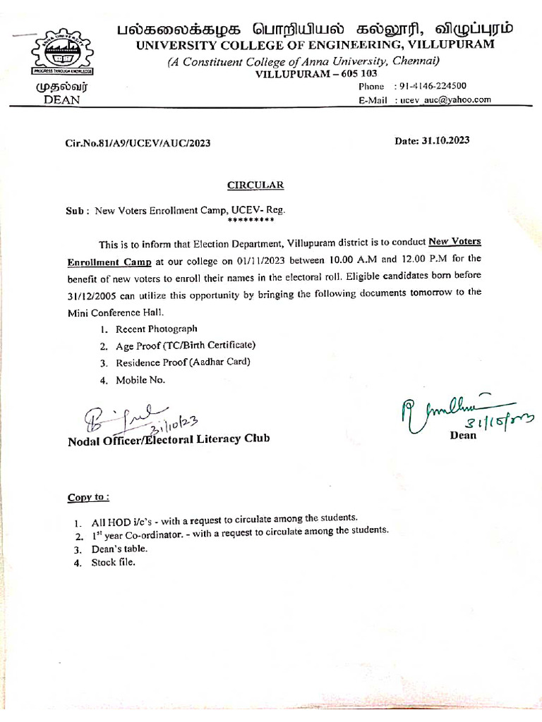 UCEV New voter Enrolment camp | PDF