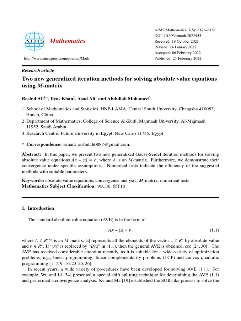 AIMS2022 Two New Generalized Iteration Methods For Solving AVE Using M-Matrix 2022 | PDF ...