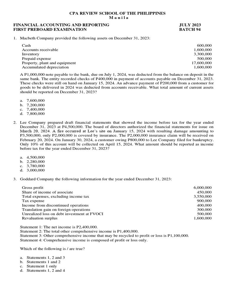 Far - First Preboard Questionnaire | PDF | Depreciation | Balance Sheet