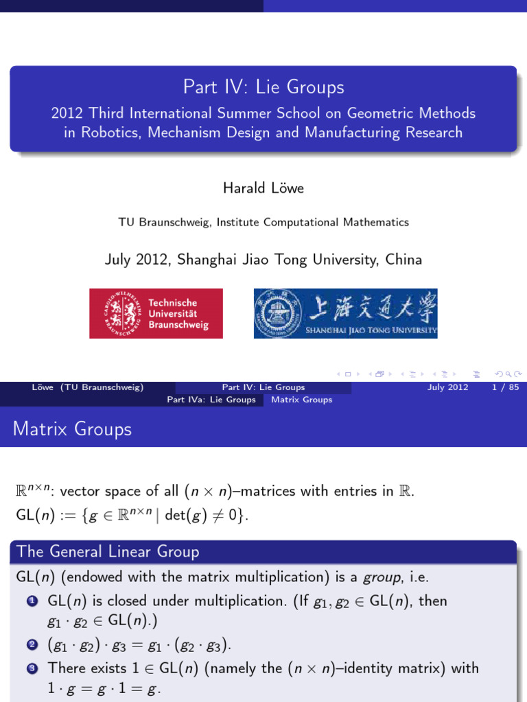 Handout Part IV Lie Groups | PDF | Matrix (Mathematics) | Group (Mathematics)