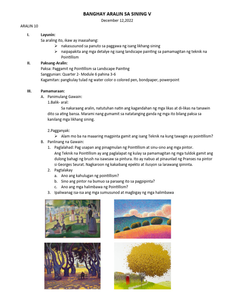 Banghay Aralin Sa Sining V | PDF