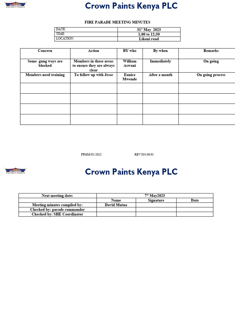 Fire Parade Meeting Minutes Template 10 | PDF