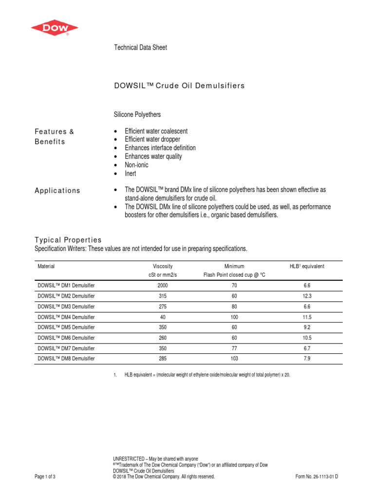 Dowsil Crude Oil Demulsifiers | PDF | Silicone | Dow Chemical Company