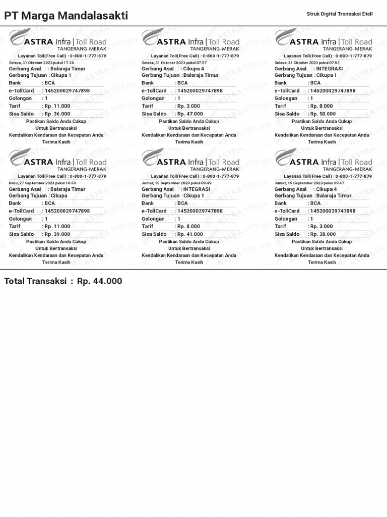 Struk Transaksi ASTRA Infra Toll Road - 203668 | PDF