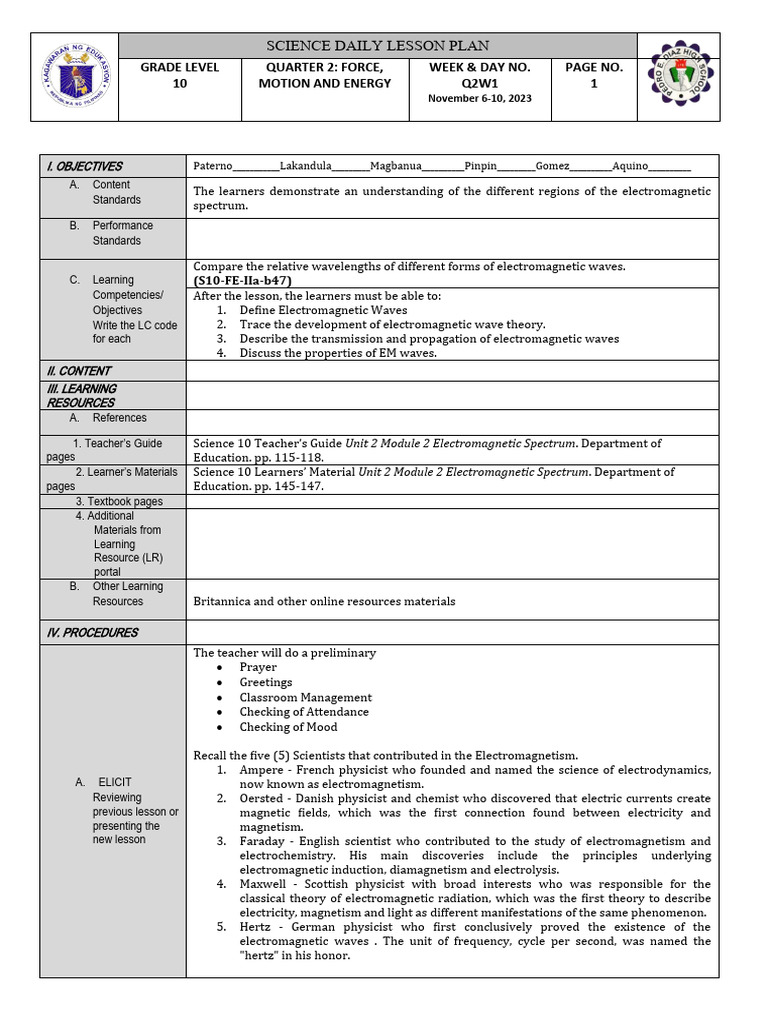 Grade 10 Electromagnetic Waves Lesson Plan | PDF | Electromagnetic ...