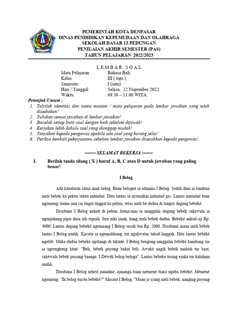 Soal Pas BHS - Bali Kelas 3 | PDF