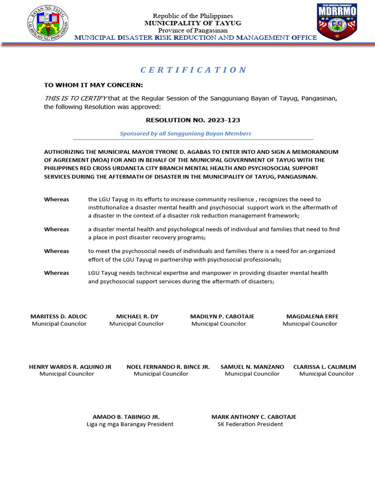 Certification: Municipal Disaster Risk Reduction and Management Office ...