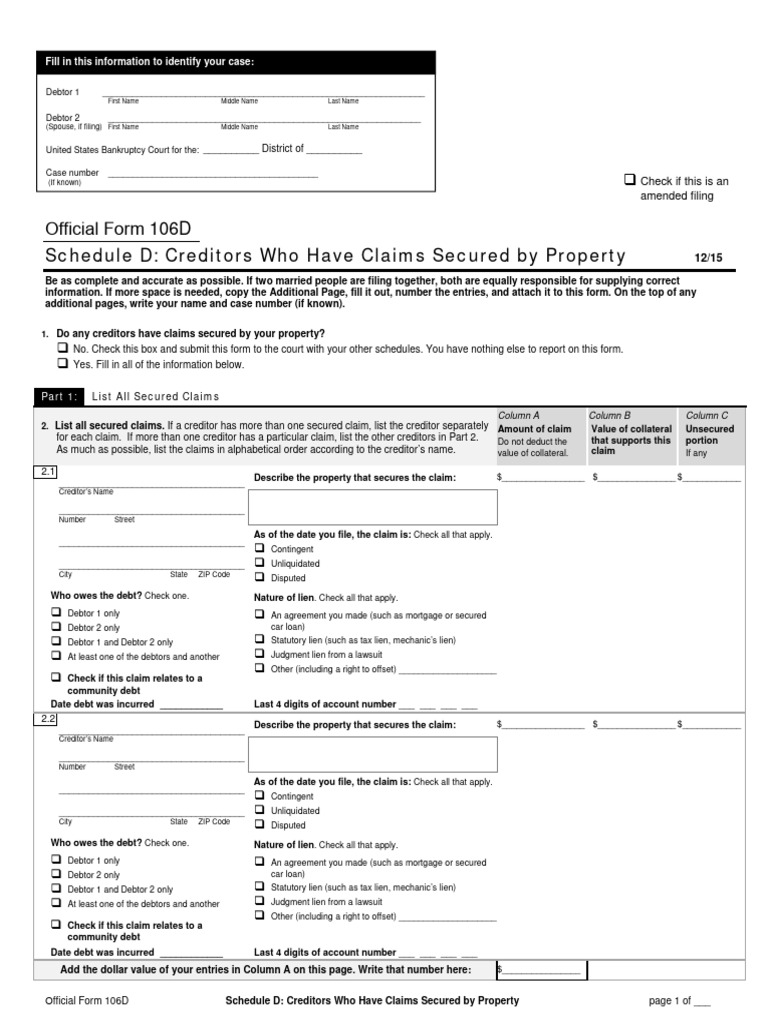 Form b106d | Download Free PDF | Lien | Debtor