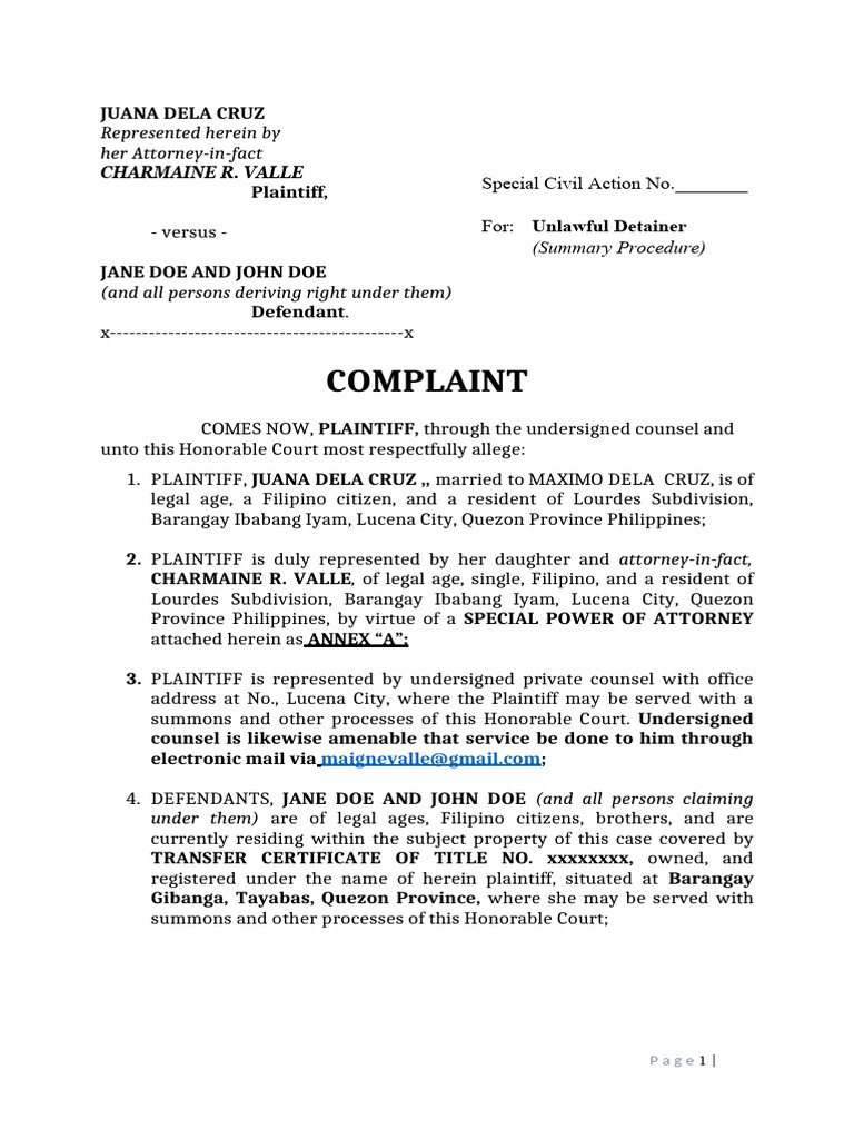 Draft Complaint Unlawful Detainer | PDF | Lawsuit | Damages