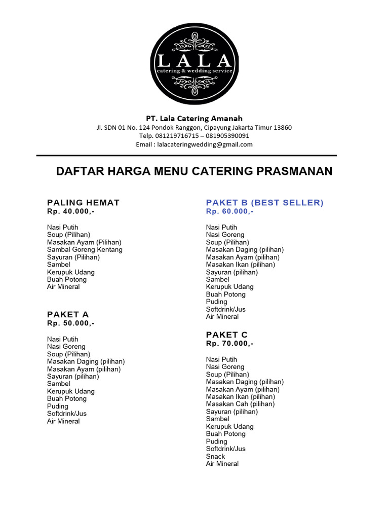Daftar Harga Menu Catering Prasmanan Lala Catering | PDF