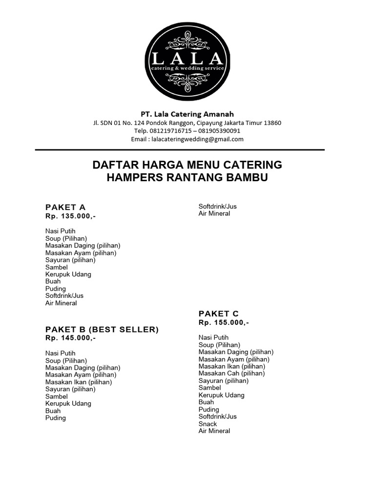 Daftar Harga Menu Catering Hampers Rantang Bambu | PDF
