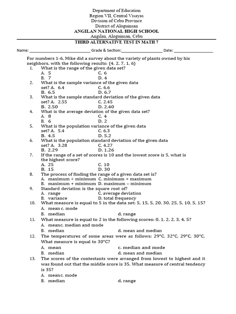MATH 7 3RD Alternative Test q4 | PDF | Standard Deviation | Variance