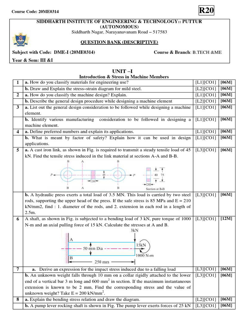 20ME0314 - Design of Machine Elements-I | PDF | Strength Of Materials ...