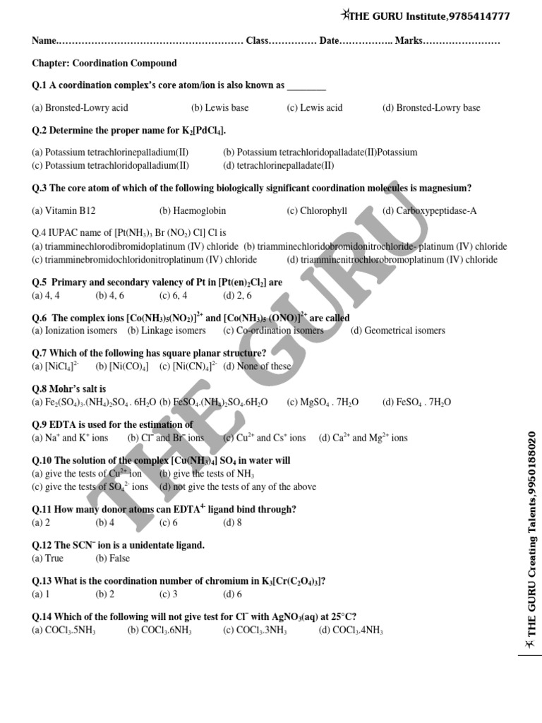 Coordination Compounds MCQs and Answers | PDF | Coordination Complex | Chloride
