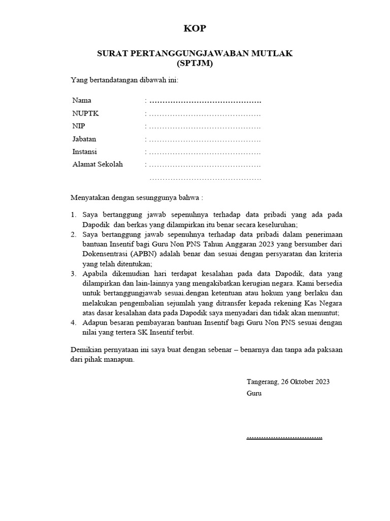 Contoh SPTJM Insentif APBN | PDF