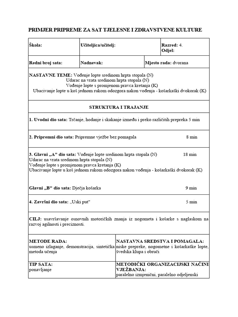 Primjer Pripreme Za Sat TZK | PDF Primjer Pripreme Za Sat TZK | PDF