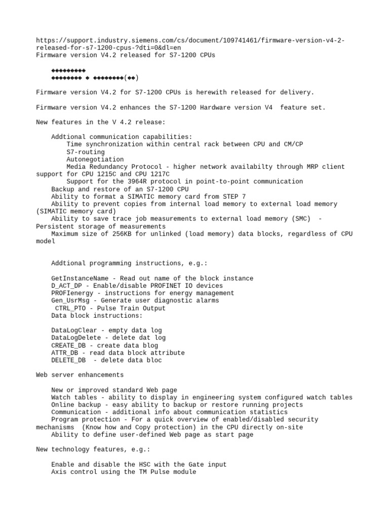 Firmware Version V4.2 Released For S7-1200 CPUs | PDF | Central ...