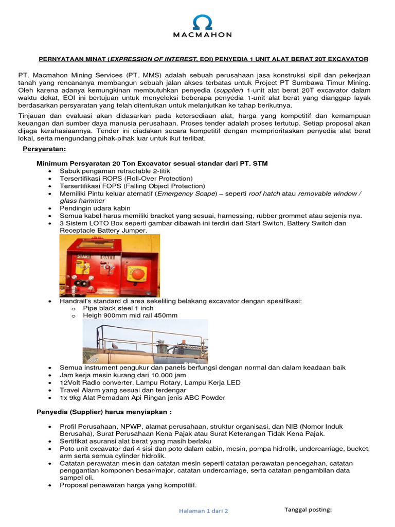EOI Kebutuhan Alat Berat Macmahon - Excavator-Final | PDF