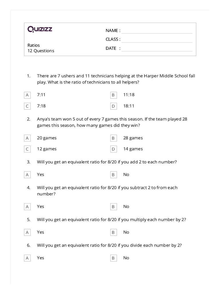 Middle School Ratio Quiz | PDF