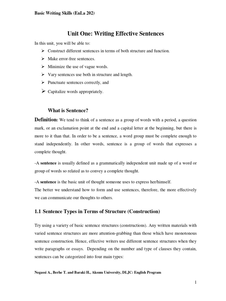 Unit One: Writing Effective Sentences: What Is Sentence? | PDF | Grammatical Number | Plural