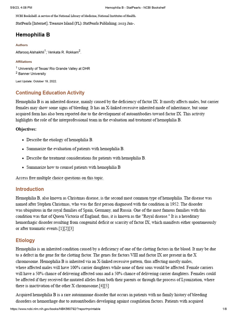 Hemophilia B - StatPearls - NCBI Bookshelf | PDF | Coagulation | Bleeding