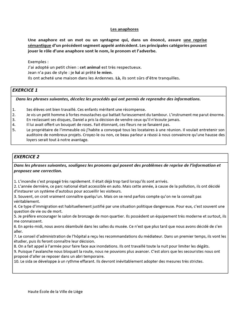 Exemples et exercices sur les anaphores | PDF | Arts du langage et ...