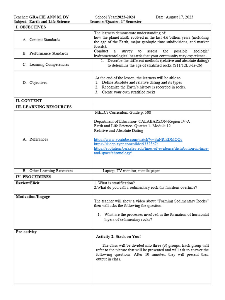 Earth Science Lesson Plan: Dating Methods | PDF | Stratigraphy | Geology