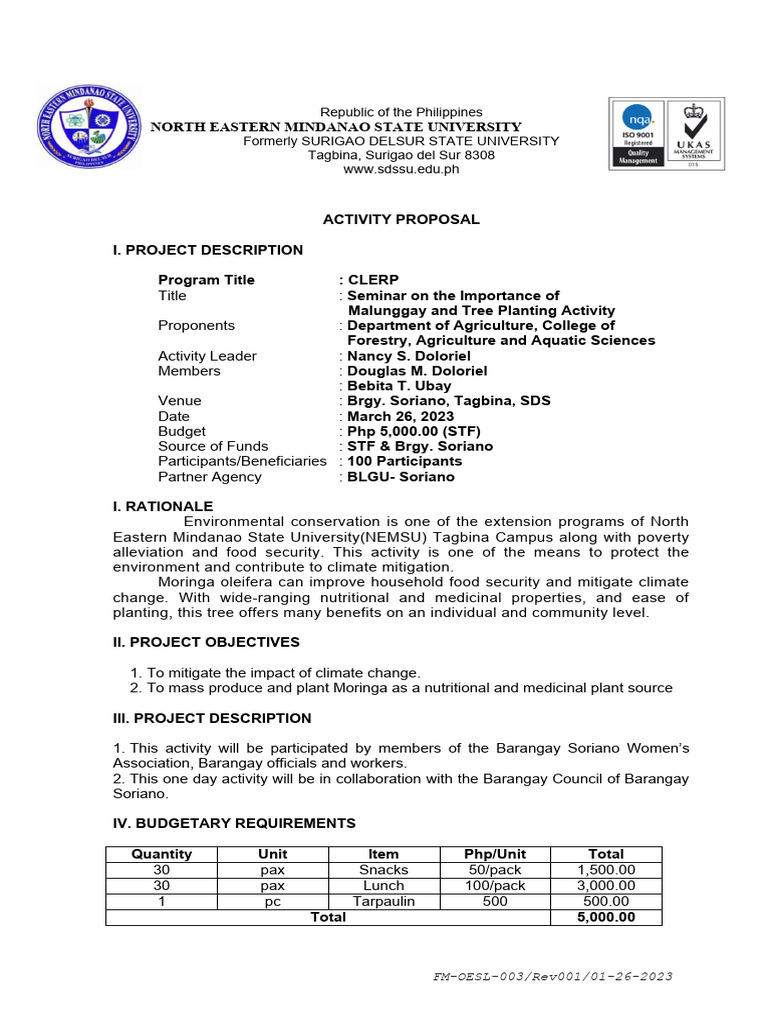 Activity Proposal - Malunggay Tree Planting | PDF | Natural Environment