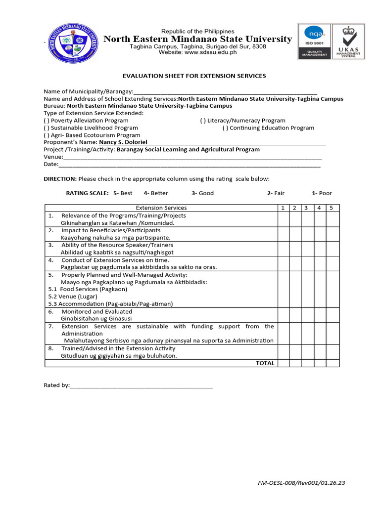 Evaluation Sheet For Extension Services | PDF | Economies