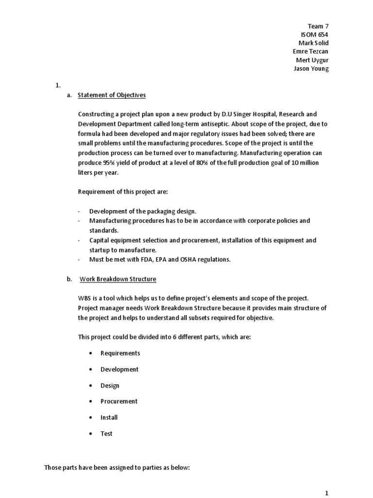 D.U. Singer Hospital Antiseptic Project Plan | PDF | Production And ...