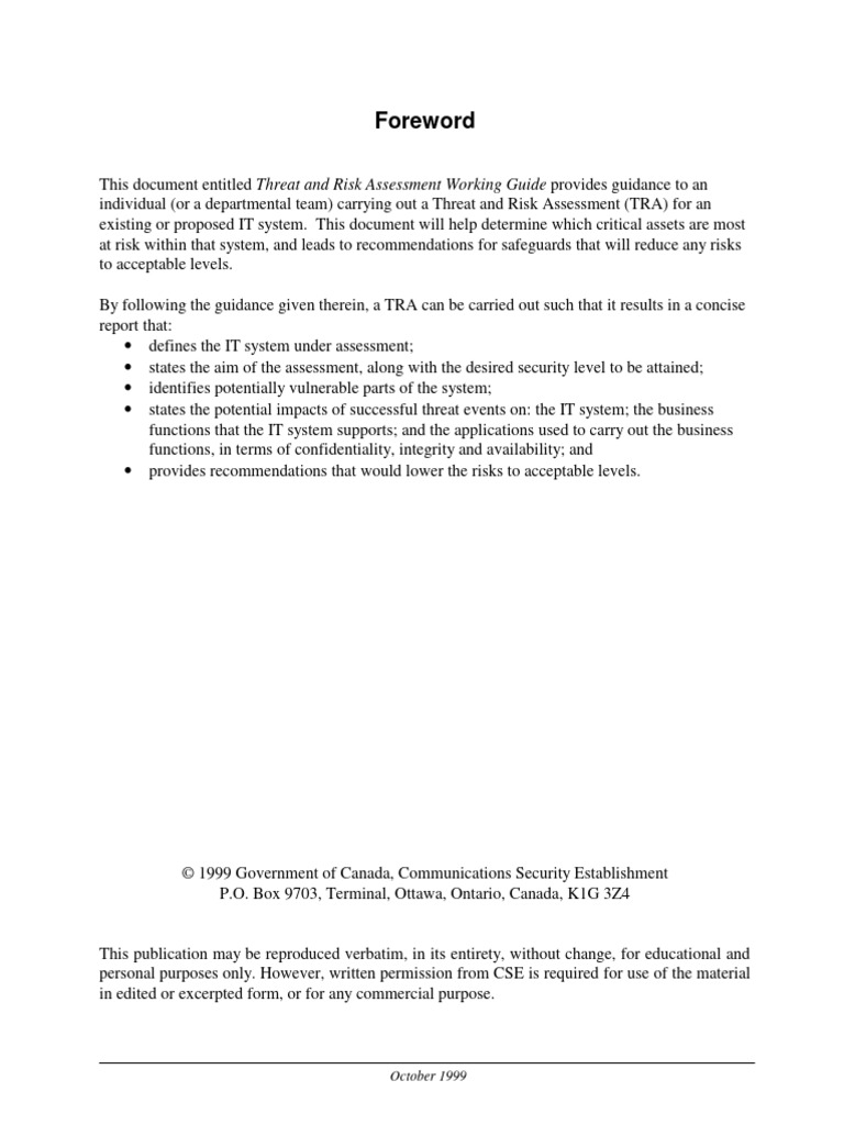 Threat and Risk Assessment Working Guide | PDF | Threat (Computer) | Vulnerability (Computing)