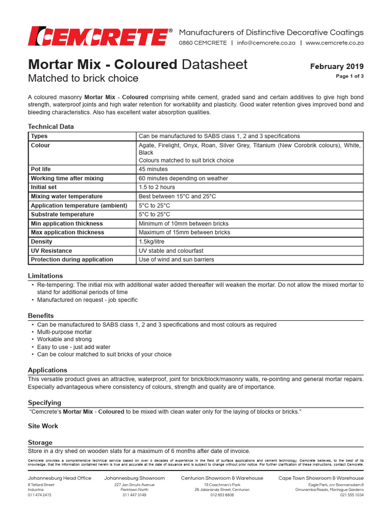 Mortar Mix - Coloured Datasheet | PDF | Brick | Mortar (Masonry)