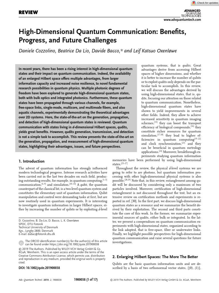 Adv Quantum Tech - 2019 - Cozzolino - High Dimensional Quantum ...