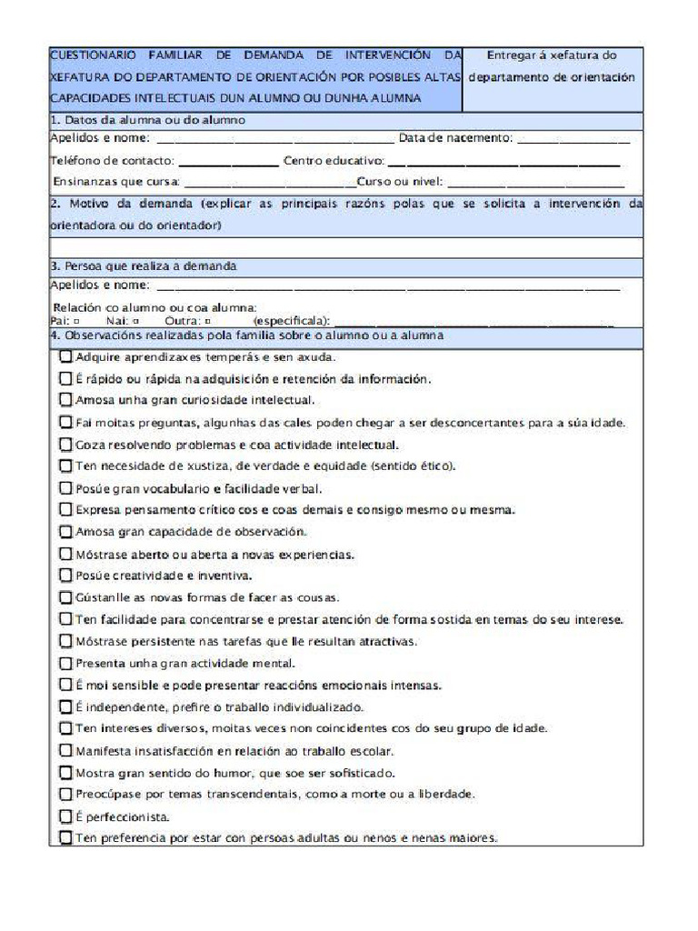 Cuestionario Familia Protocolo AACC | PDF
