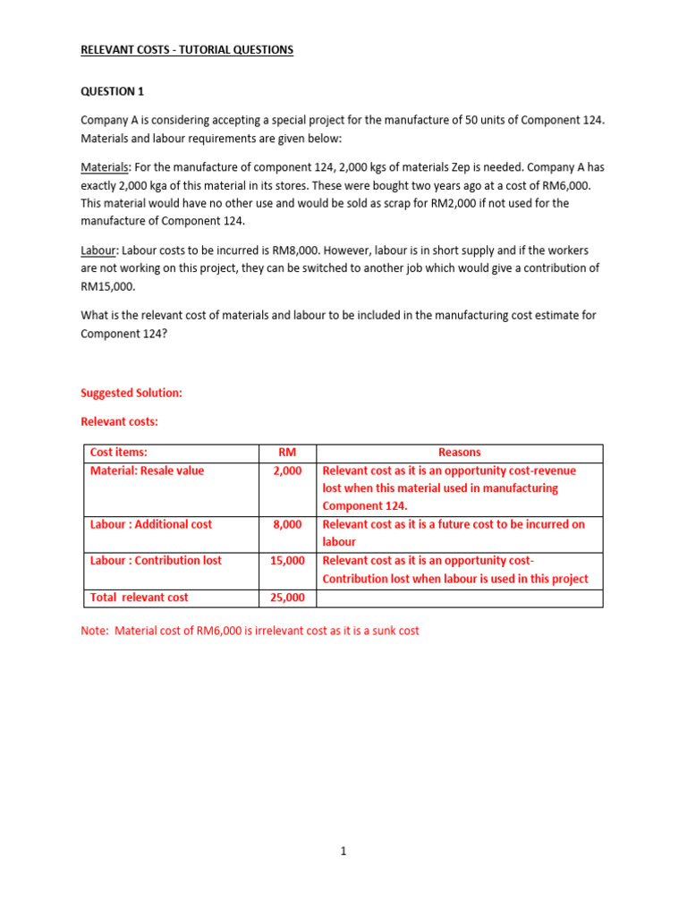 Tutorial Relevant Costs For Students | PDF | Cost | Prices