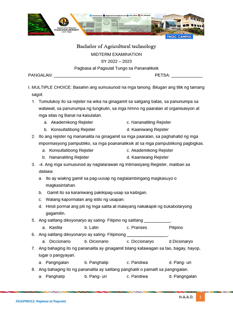 Pagbasa at Pagsulat-Exam | PDF