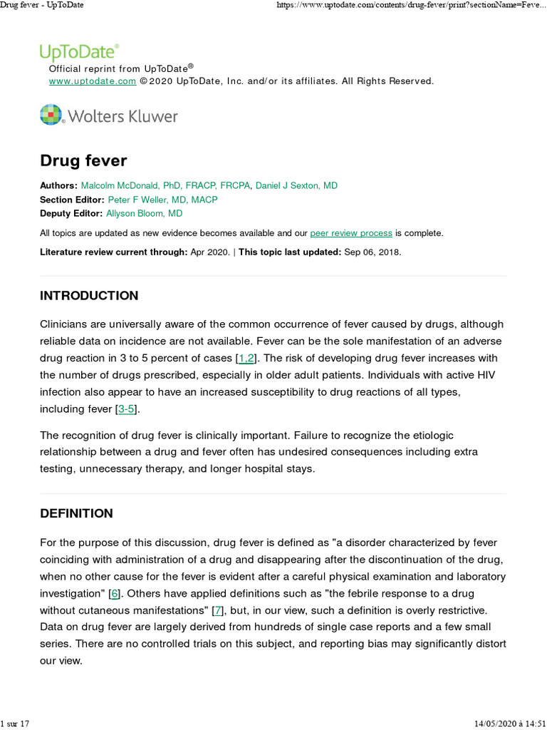 Drug Fever - UpToDate | PDF | Fever | Medical Specialties