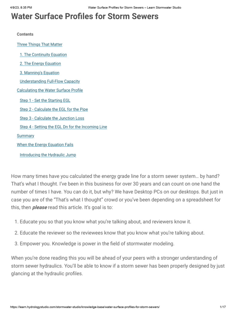 Water Surface Profiles for Storm Sewers – Learn Stormwater Studio | PDF ...